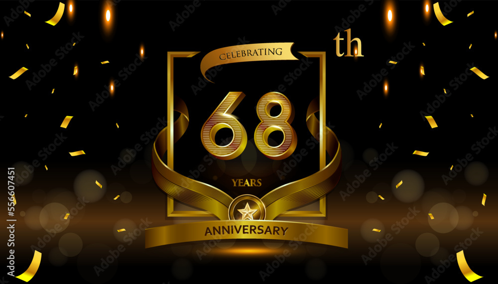 68th golden anniversary logo with gold ring and golden ribbon, vector ...