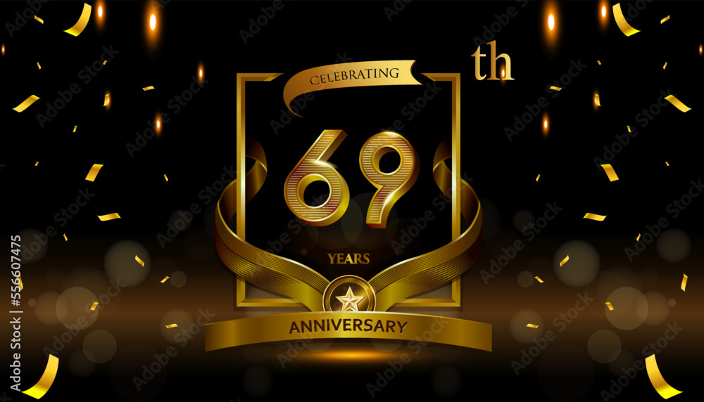 Vetor de 69th golden anniversary logo with gold ring and golden ribbon ...