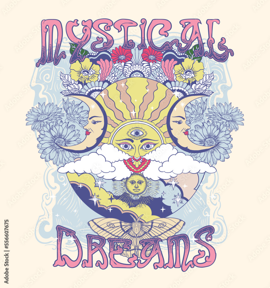 MYSTICAL DREAMS.Retro 70's psychedelic hippie element illustration ...