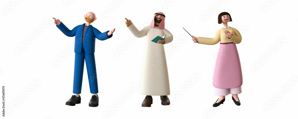 3D characters teaching professors isolated white background. 3d people ...