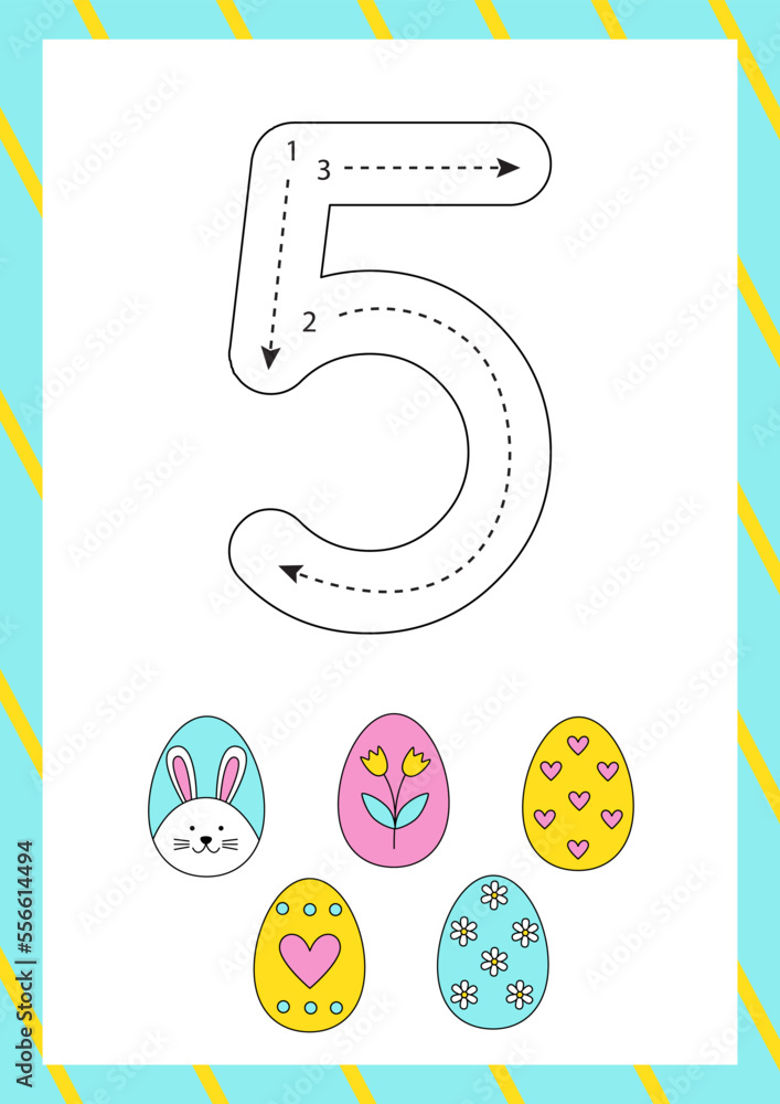 Easter flashcard how to write number five. Worksheet for kids. Stock ...