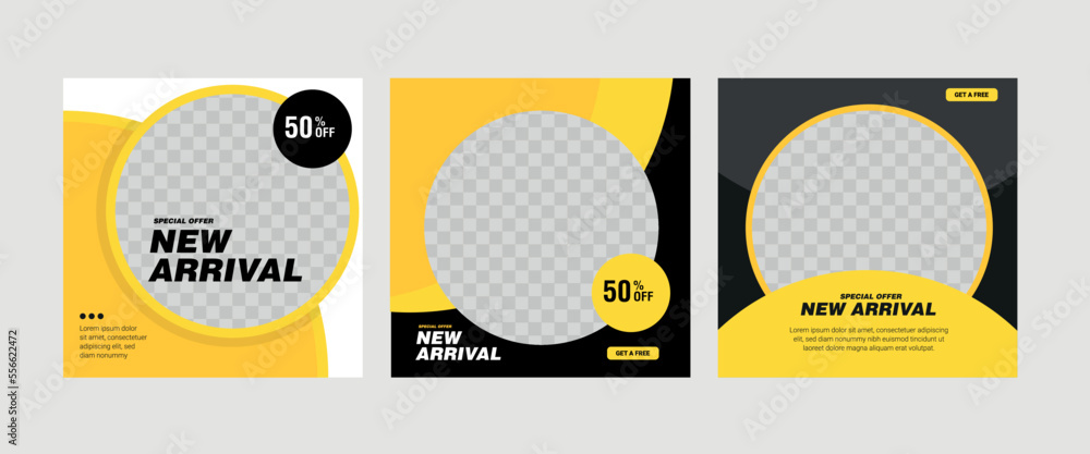 Set of Editable square banner template. Black and yellow background ...