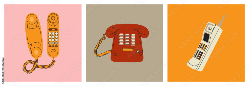 Three retro phones 80s. Push - button devices and vintage mobile phone ...