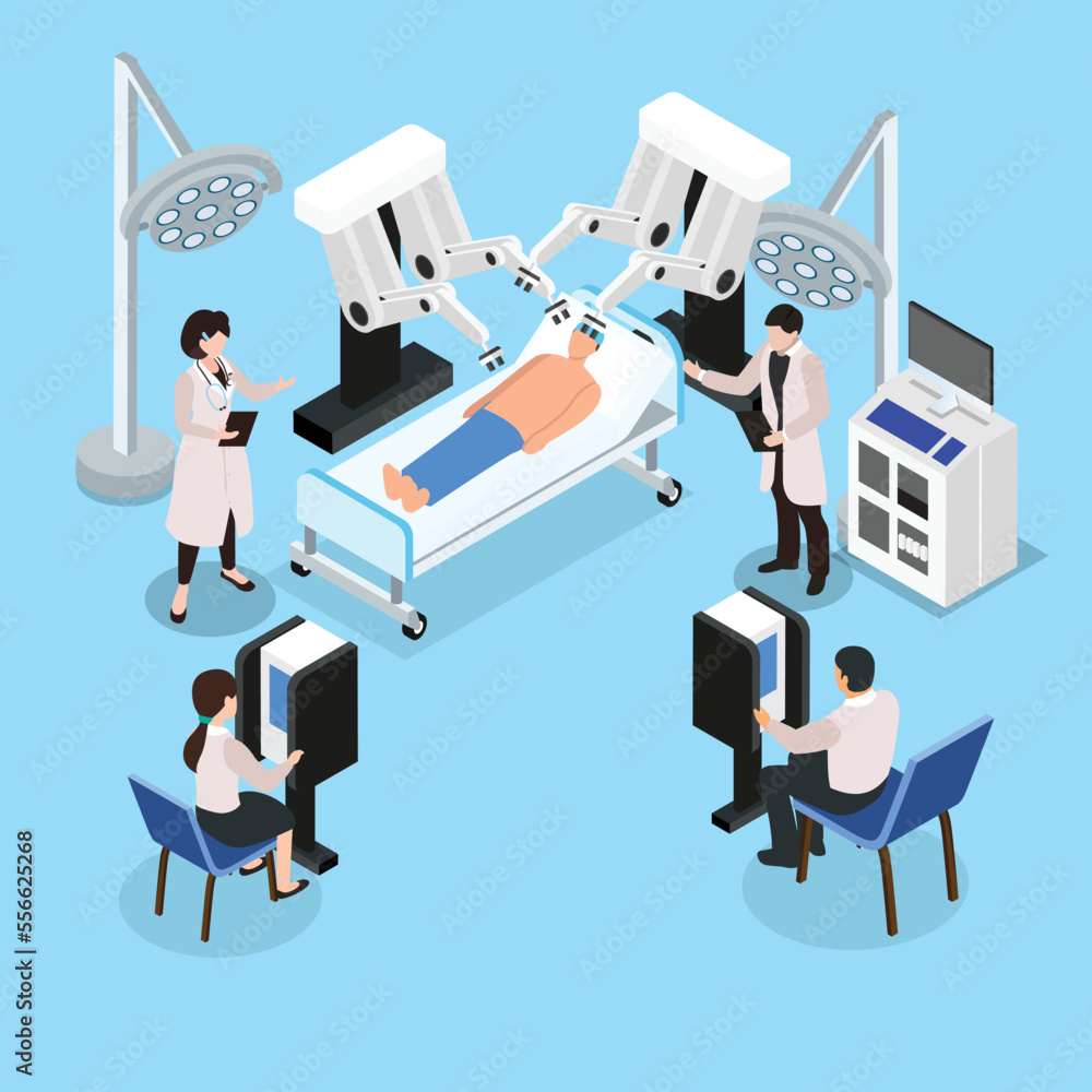 Robotic surgery with futuristic hospital room isometric 3d vector ...