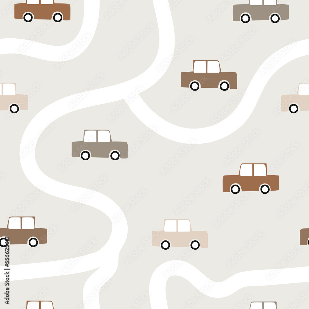 Cartoon cars bohemian style. Seamless pattern with transport. Simple ...