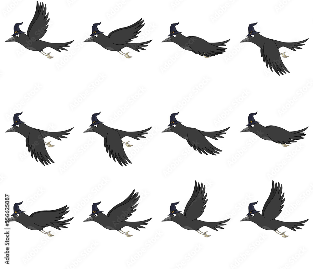 Flying crow with wizards hat.2D cartoon sprite sheet animation for ...