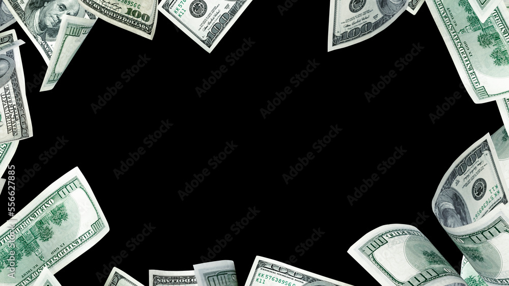Hundred dollar bill. Falling money isolated on black background ...