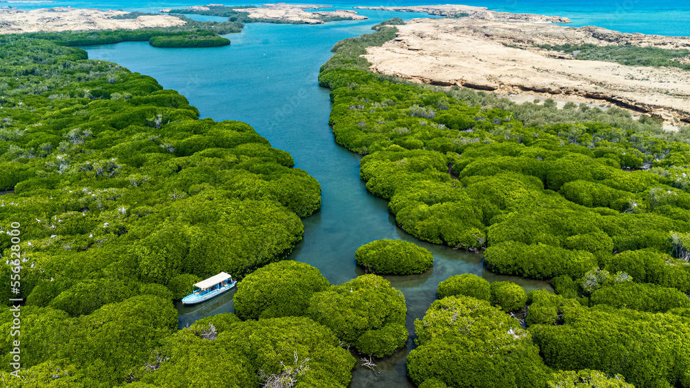 Saudi Arabia, Jazan Province, Aerial view of boat sailing through ...