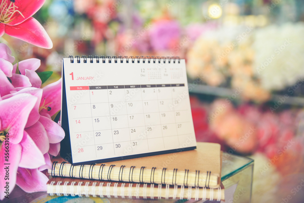 Desk for student education concept. 2023 Calendar, diary book, note pad ...