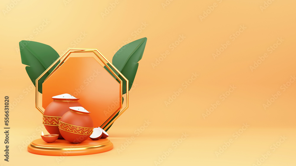 3D Render Clay Pots Full Of Pongal Dishes With Lit Oil Lamp (Diya ...