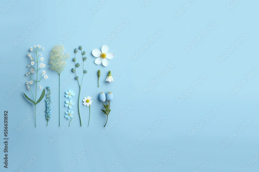 Spring Flowers On Pastel Blue Background On Right Side Copy Scape Ready ...