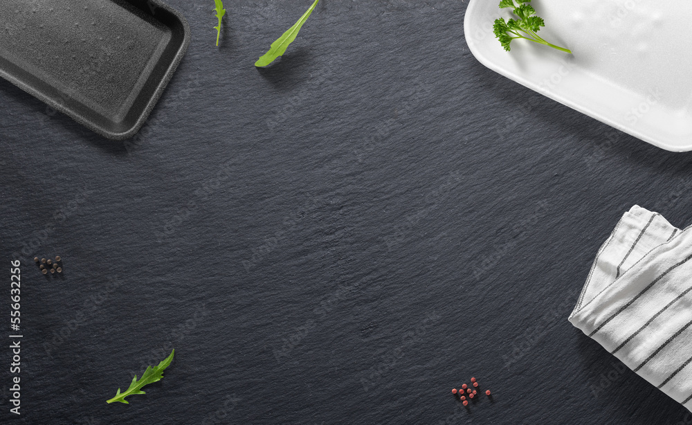 Flat lay of a kitchen or a butcher shop with various food items Stock ...