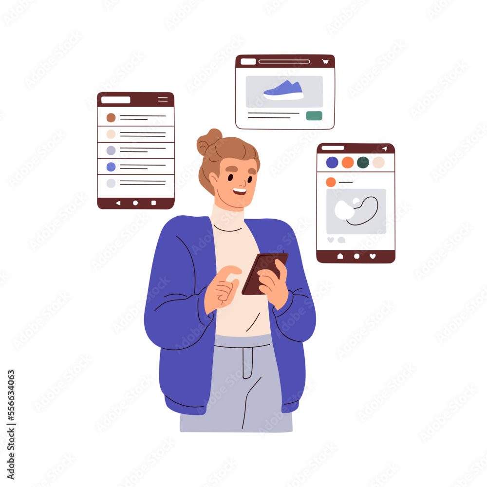 Using different mobile apps concept. Person surfing internet, social ...