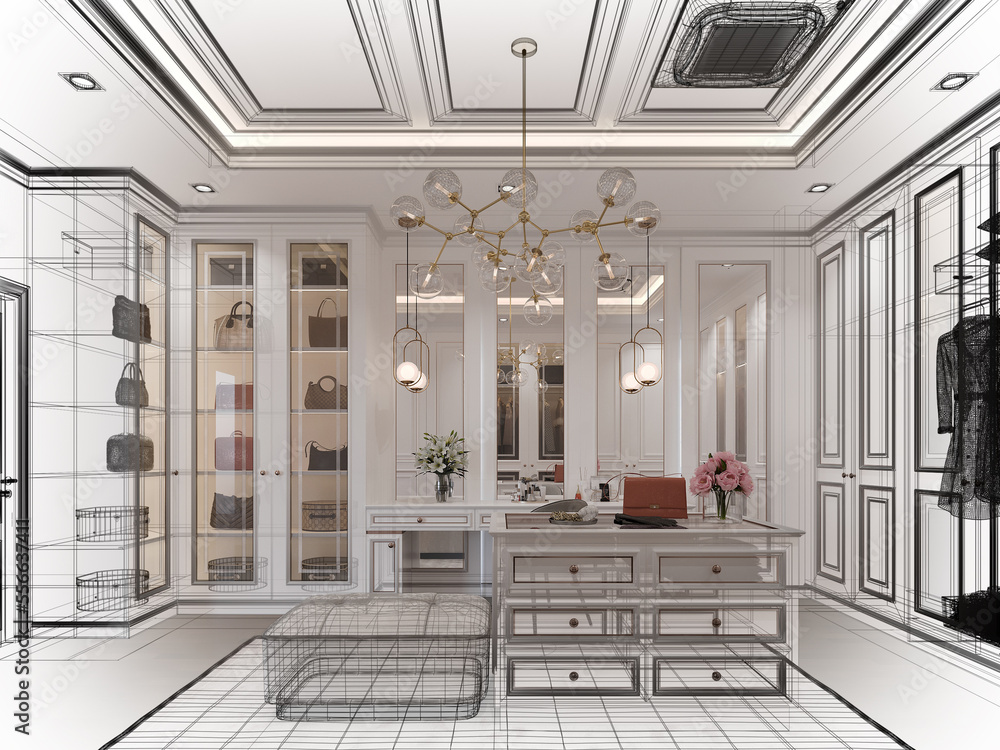sketch design of interior walk-in closet room, 3d rendering Stock ...