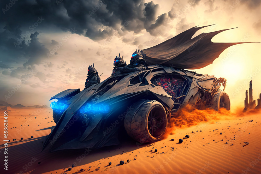 crazy futuristic car in the desert, post-apocalyptic 4x4 off road ...