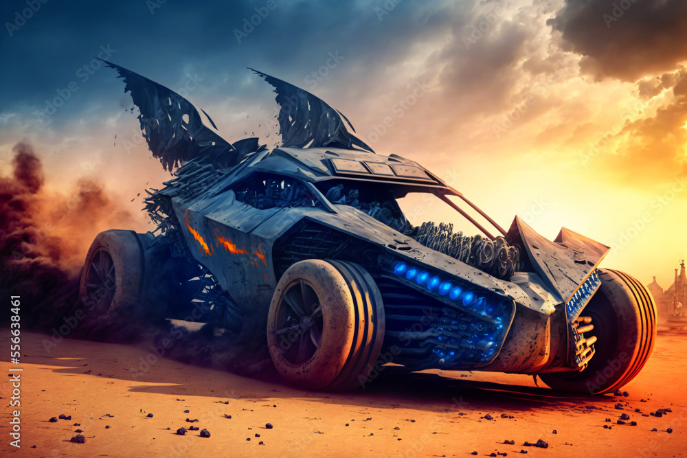 crazy futuristic mad max car in the desert, post-apocalyptic 4x4 off ...