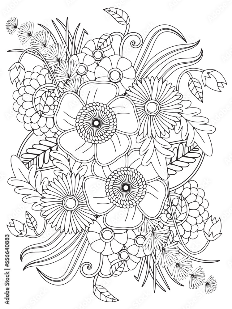 Coloring page in black and white for coloring book. Leafs and flowers ...