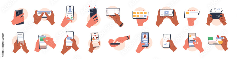Hands holding smartphone set. People using different applications ...