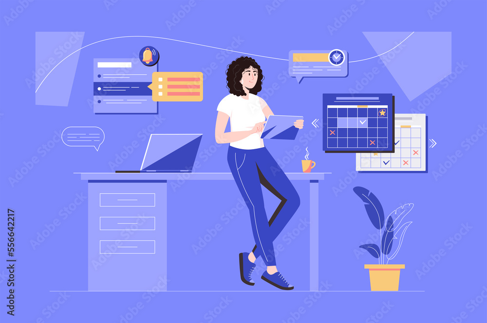 Planning work web concept with people scene in flat blue design. Woman ... Planning work web concept with people scene in flat blue design. Woman ...