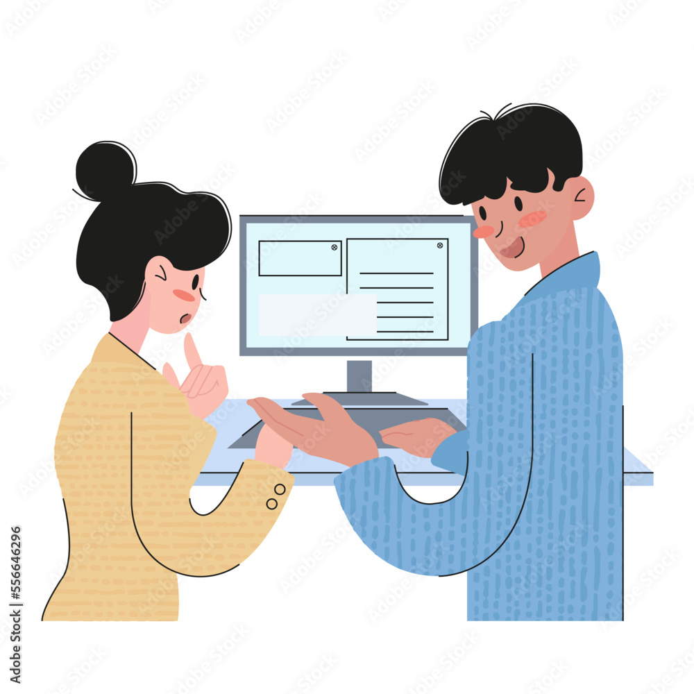 Vector illustration, two employees are talking and standing at the ...