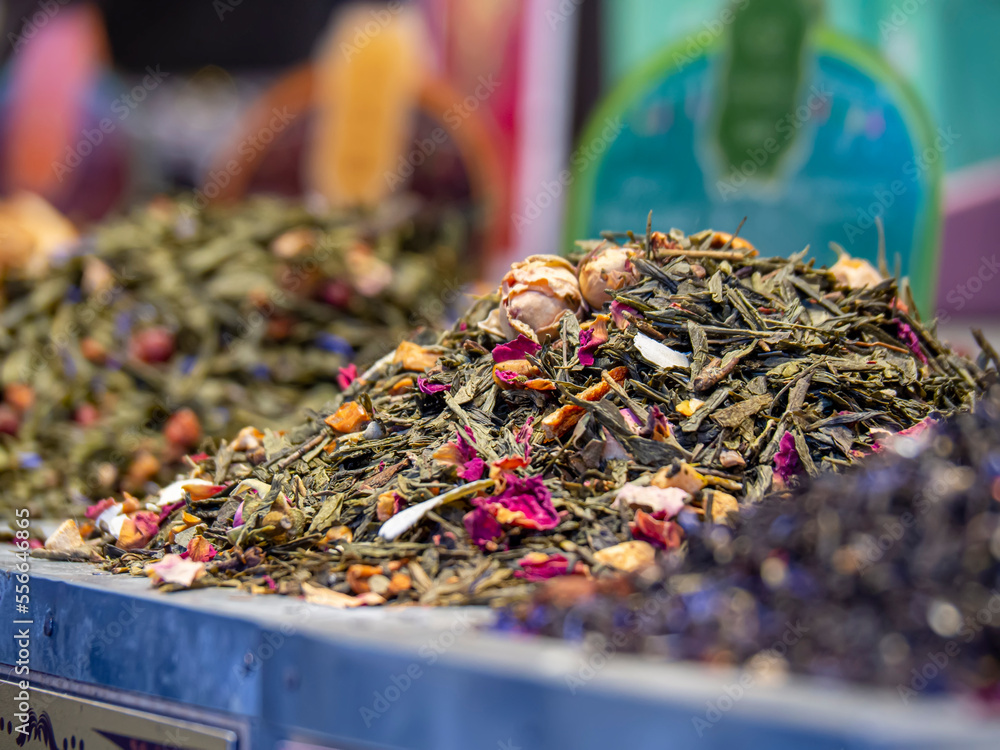 Loose tea leaves on market stand for buying. Tea shop showcase ...