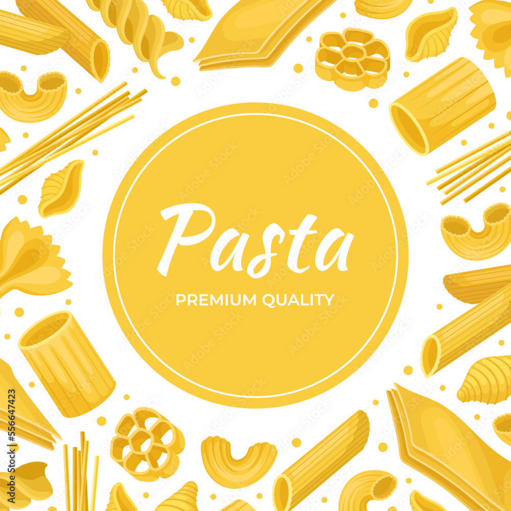 Pasta banner. Italian macaroni of various shapes for menu, flyer, card ...