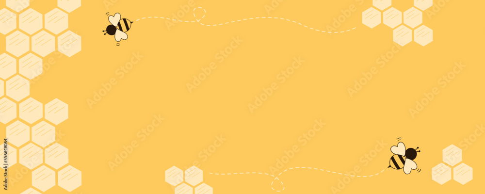 Beehive honey sign label with hexagon grid cells and cute bee cartoon ...