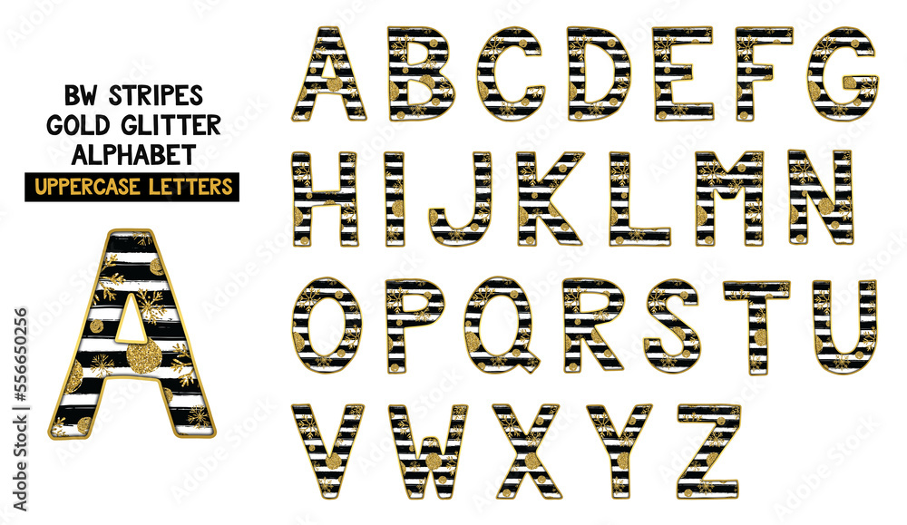 Black and white stripes with gold glitter alphabet set, includes font ...