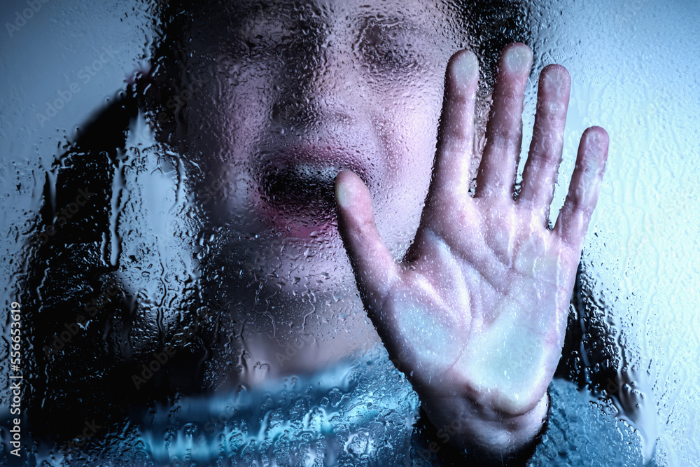 Dramatic portrait of scared young girl making NO sign, showing hand ...