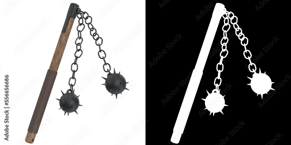 Poster 3D rendering illustration of a twin ball flail medieval weapon ...
