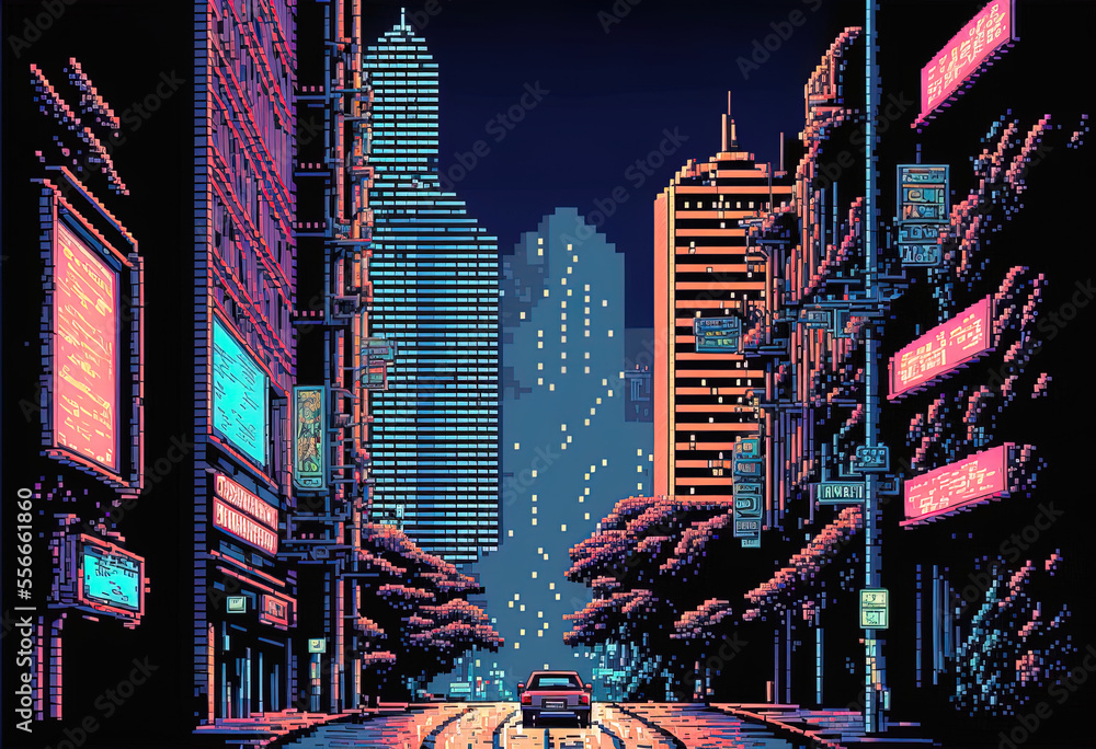 Generative AI illustration of the Cyberpunk neon city street at night ...