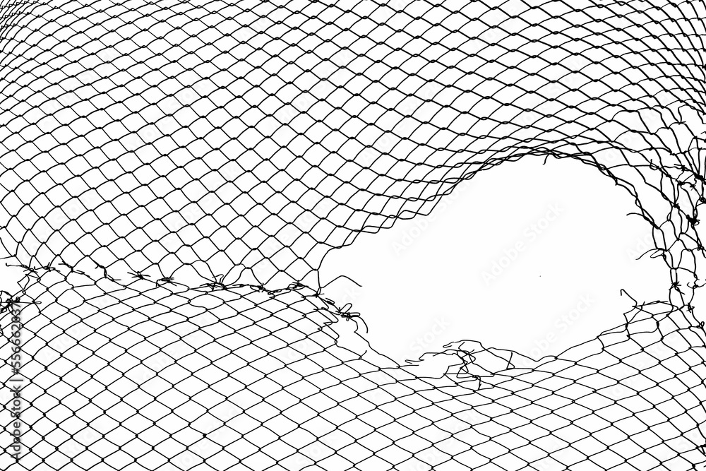 Opening in metallic fence isolated on white background . Challenge ...