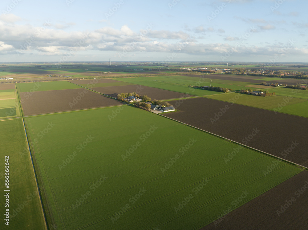 Agriculture modern farm house residential in wide open empty green ...