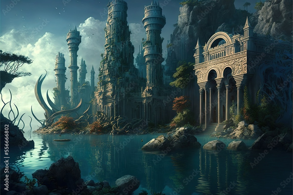 The lost city of Atlantis, ancient city, beautiful architecture of a ...