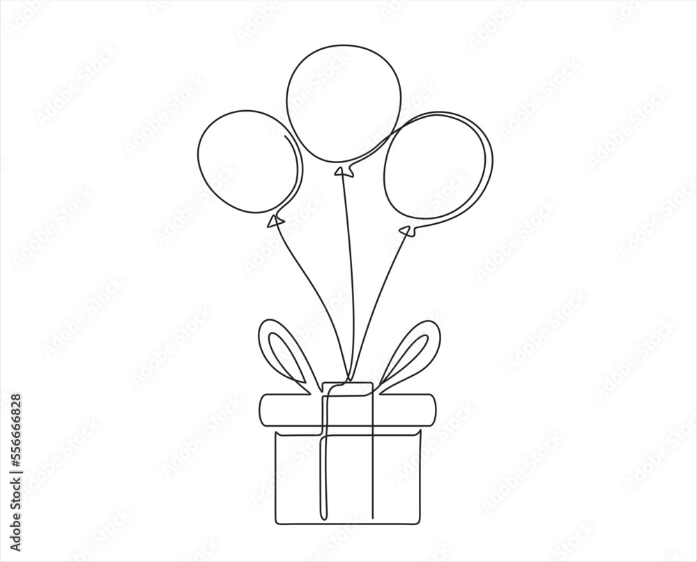 Continuous One line drawing of Birthday Gift box with bow and Balloons ...