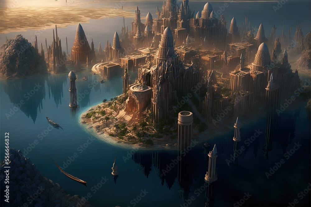 The lost city of Atlantis, ancient city, beautiful architecture of a ...