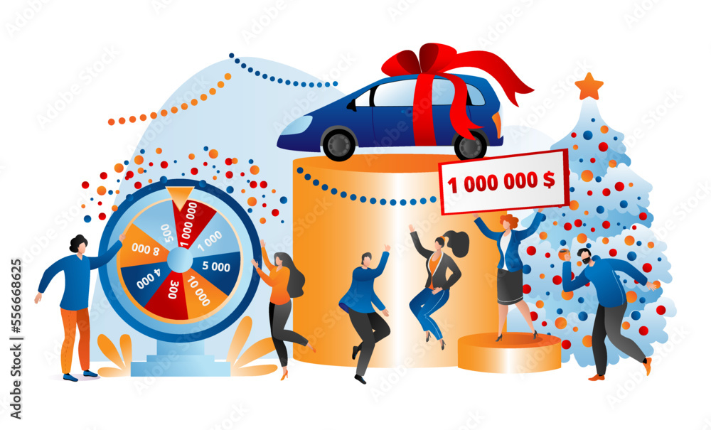 Win prize at christmas lottery, vector illustration. Happy people get ...