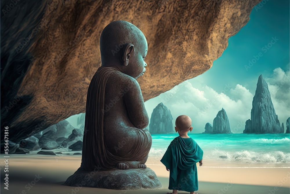 baby buddhist monk praying in front of buddah statue illustration ...