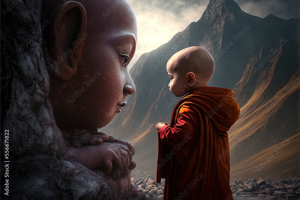 baby buddhist monk praying in front of buddah statue illustration ...