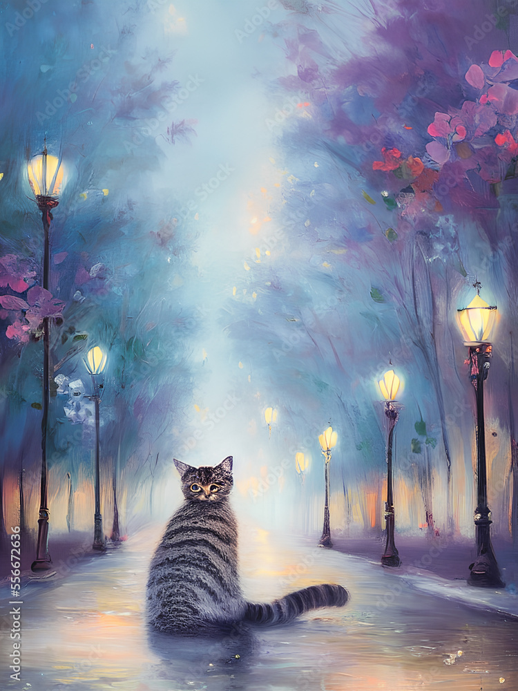 A majestic painting of a cat in a garden. The image captures the grace ...