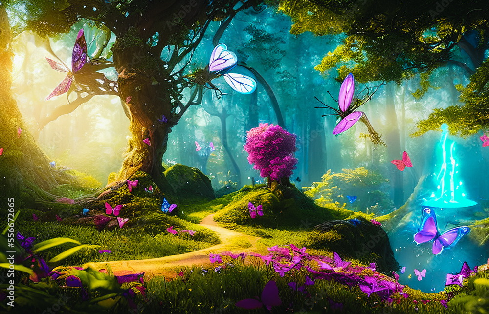 "A majestic and magical painting of the world within a forest, absent ...