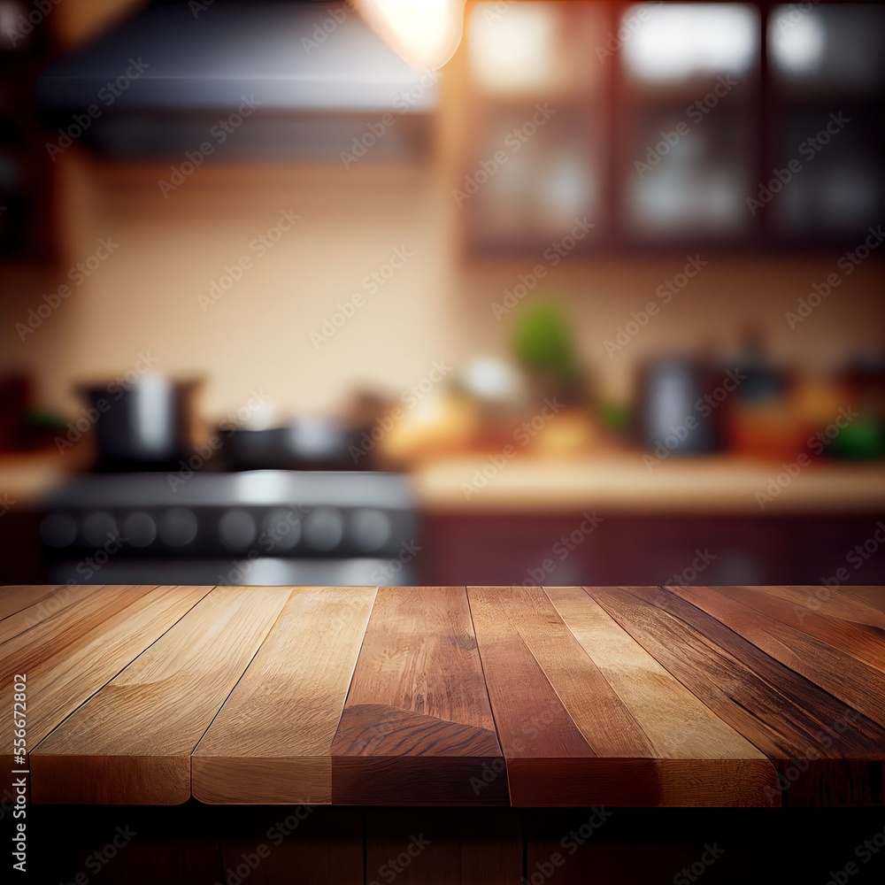 Wooden table on blurred kitchen background. Generative AI Stock ...