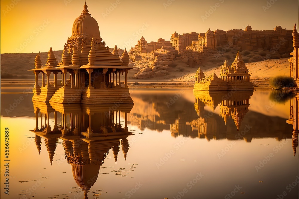Gadisar lake at Jaisalmer Rajasthan at sunrise with ancient temples and ...