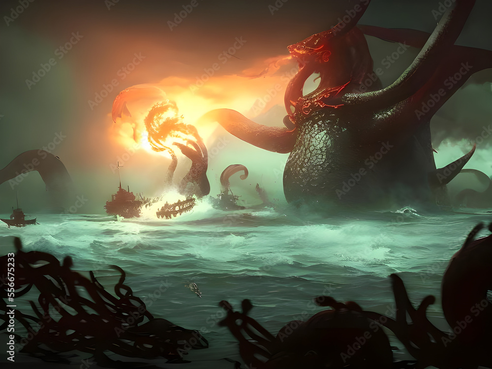 Fantasy scene showing Cthulhu the giant sea monster, illustration ...