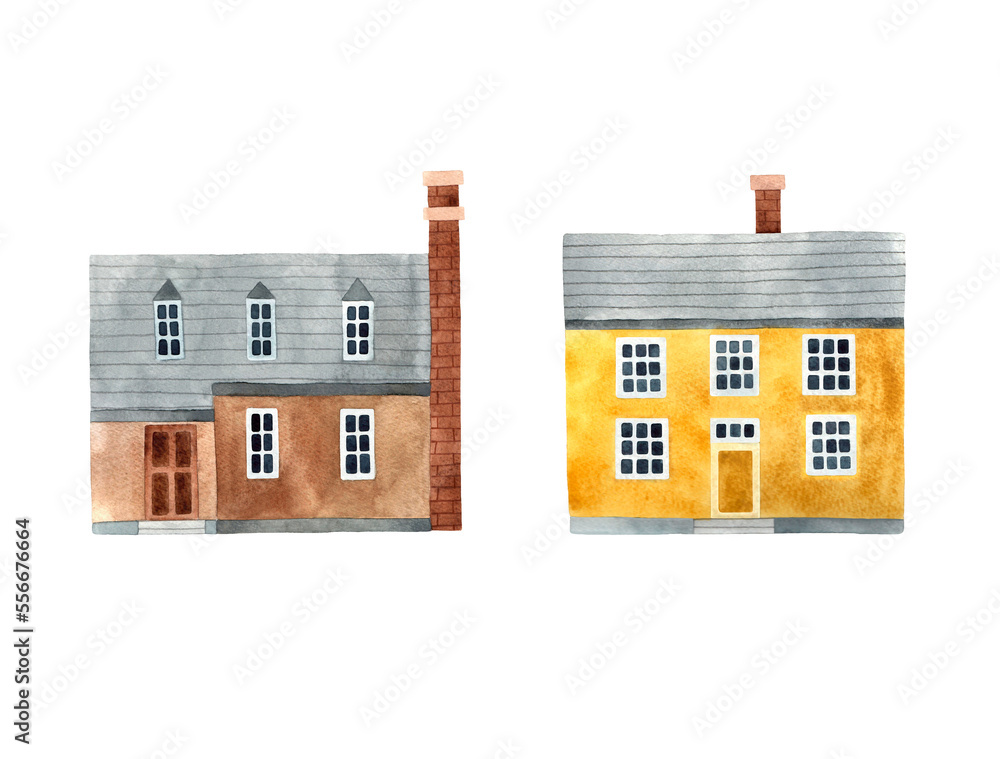 Watercolor hand drawn illustration of a country houses set. Isolated ...