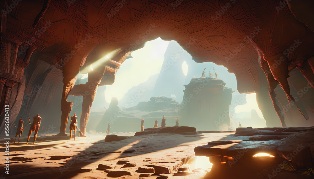 A painting depicting an ancient cave, absent of any human figures. The ...