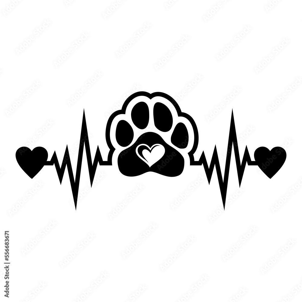 Heartbeat with paw print and hearts. Design for cat and dog lovers ...