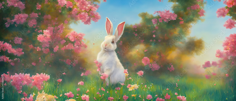 Artistic cartoon painting of fantasy rabbit in the garden, wallpaper ...