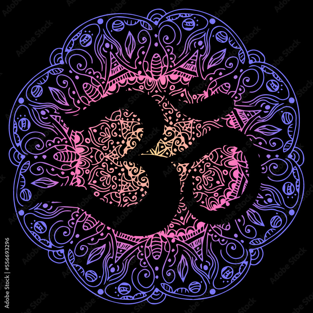 Om, aum symbol of Hinduism, sign in mandala isolated on black ...