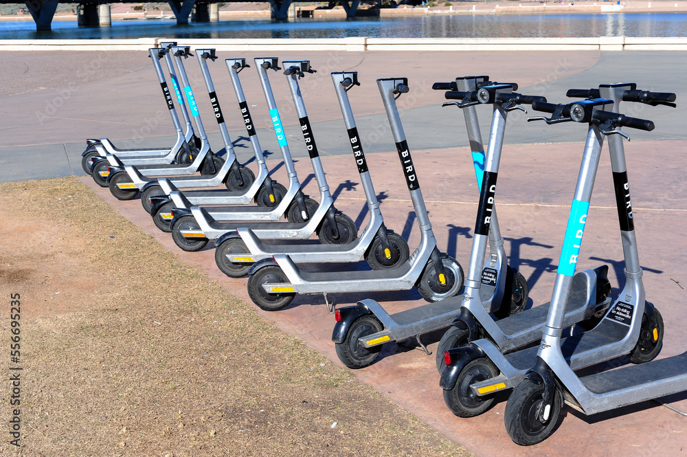 Bird rental electric scooters parked at Tempe Town Lake in Tempe ...